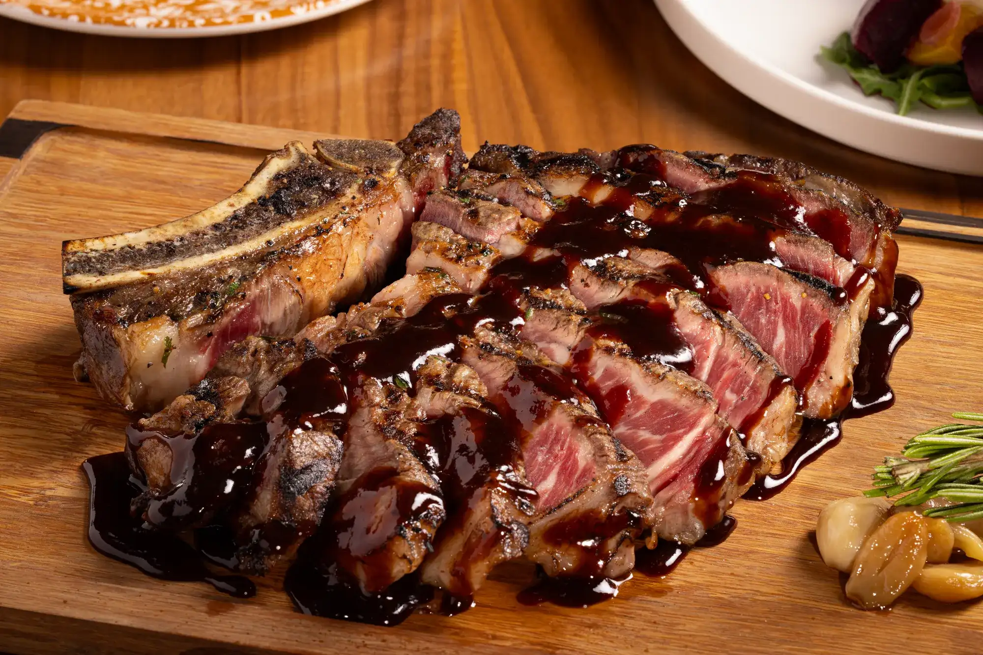 Steak sliced and served